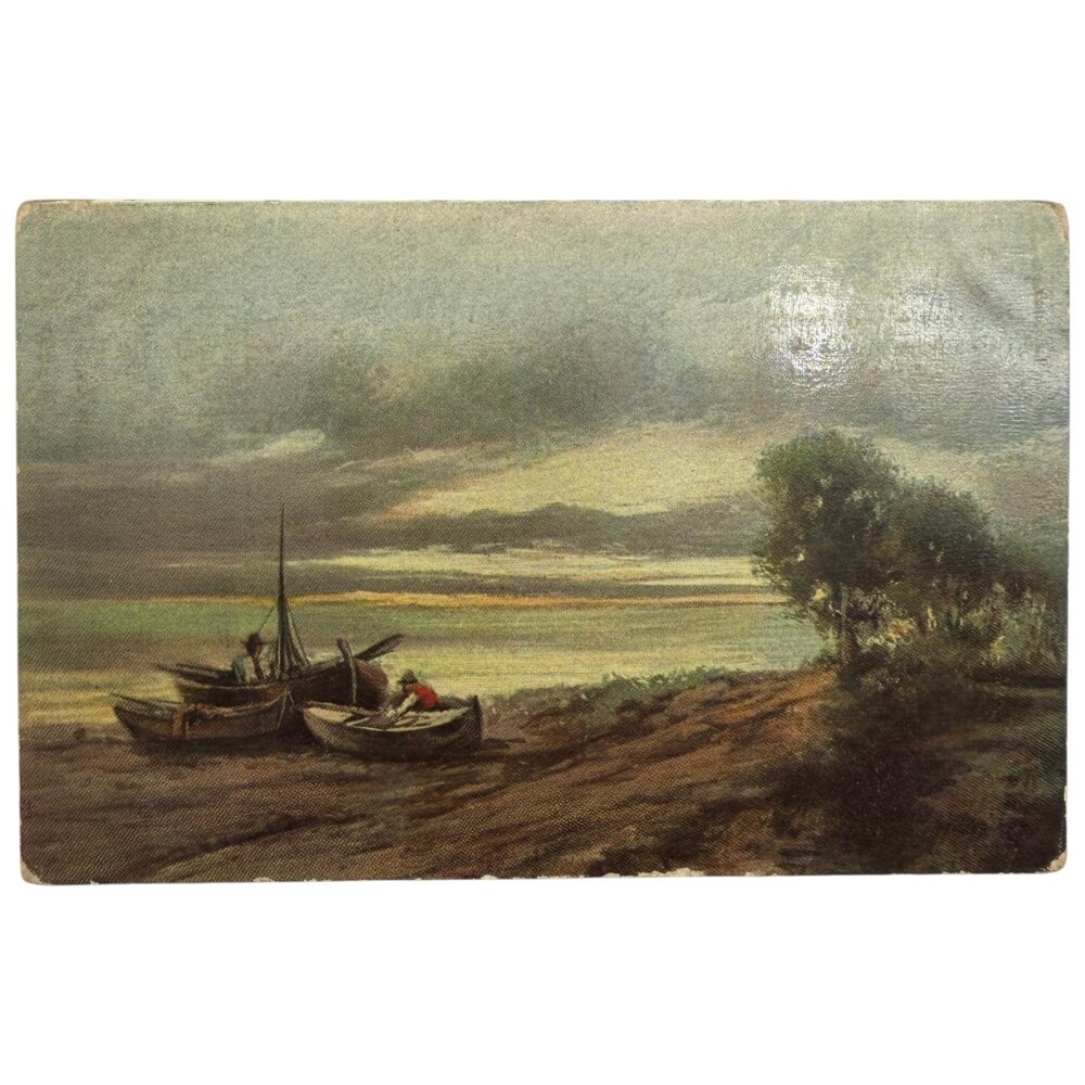 Почтовая открытка "Рыбаки у берега в предзакатный час" 1900-1910 гг. Германская Империя