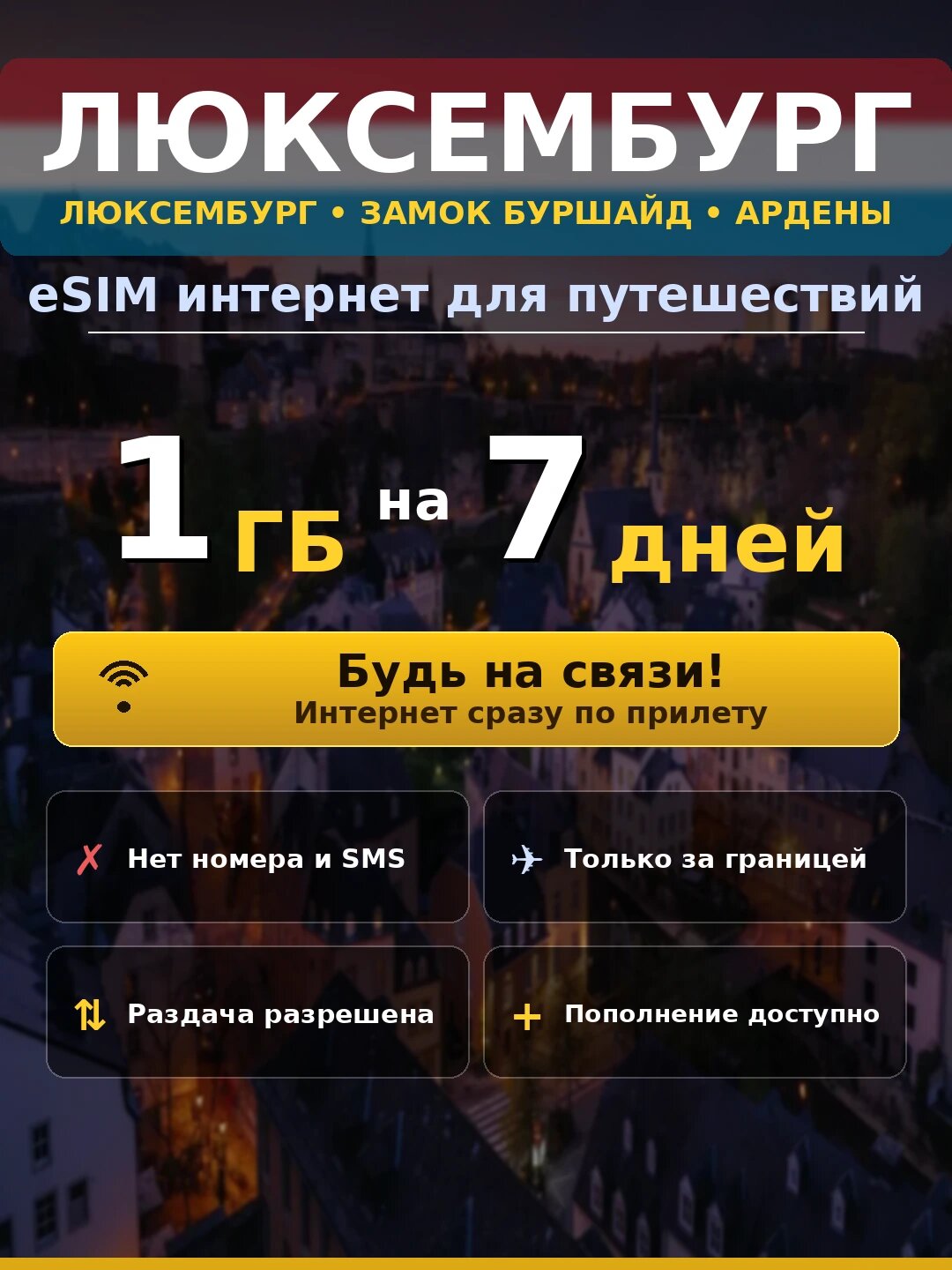 ESIM Люксембург — мобильный интернет 1 ГБ на 7 дней | виртуальная SIM-карта для путешествий