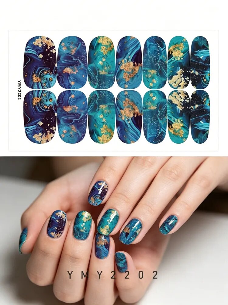 Наклейки для ногтей с растушеванным мраморным узором, полное покрытие, 1 шт, самоклеящиеся, водонепроницаемые, многоцветные для самостоятельного маникюра (YMY2202 )