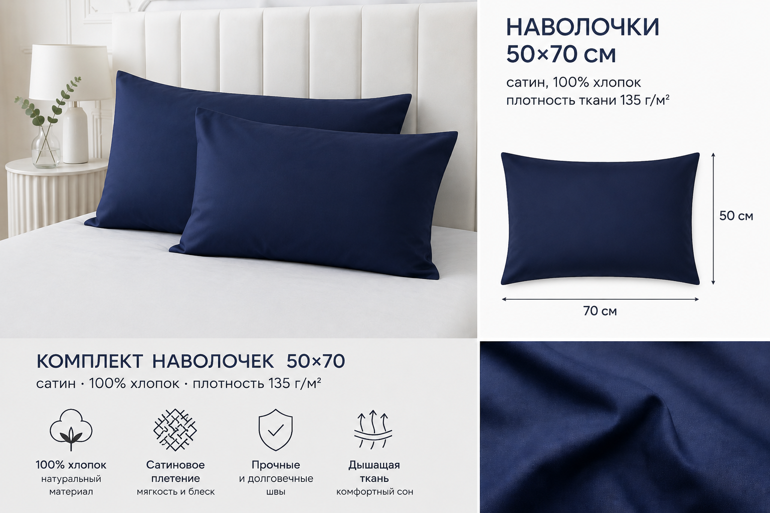 Наволочки 50х70 сатин синий
