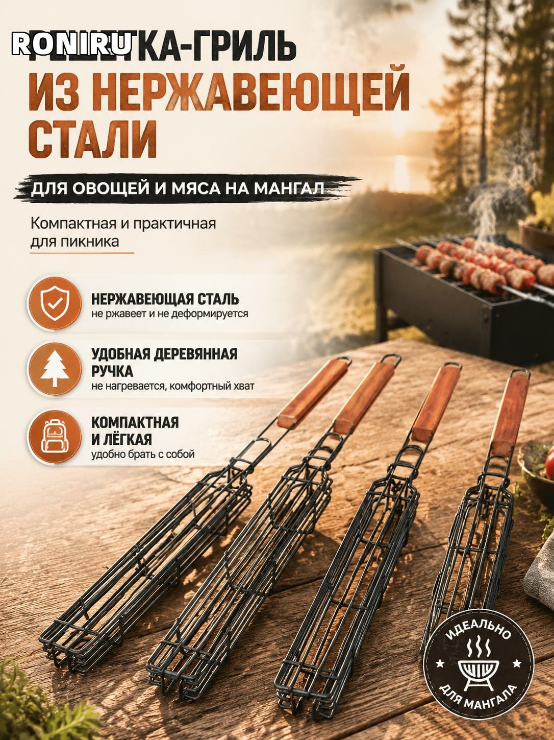 Решетка-гриль из нержавеющей стали с удобной деревянной ручкой для овощей и мяса на мангал — компактная и практичная для пикника