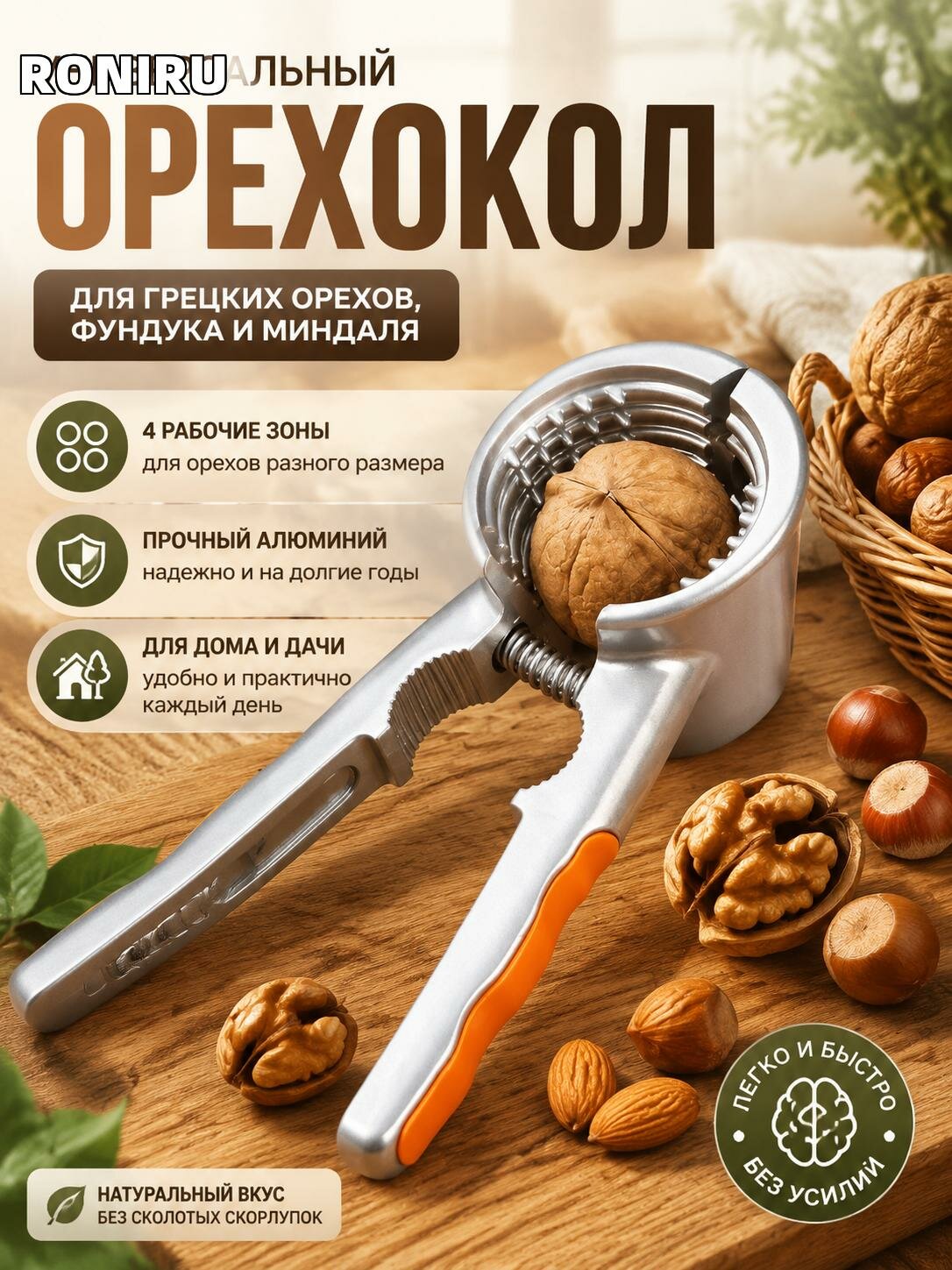 Универсальный орехокол для грецких орехов, фундука и миндаля — с 4 рабочими зонами, алюминиевый, для дома и дачи