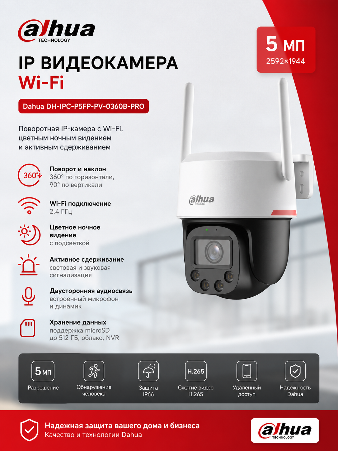 Видеокамера IP Dahua DH-IPC-P5FP-PV-0360B-PRO WI-FI 3.6-3.6ММ ЦВ.