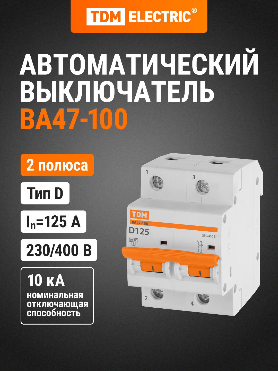 Автоматический выключатель ВА47-100 2Р 125А 10 кА тип D TDM Electric