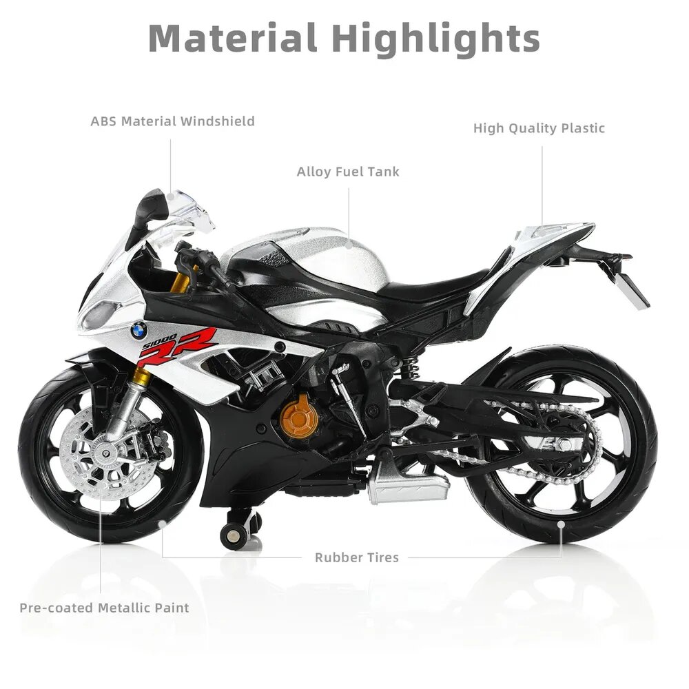 1:12 Модель мотоцикла BMW S1000RR из металла с пластиковыми деталями, не требует сборки, миниатюрная готовая модель мотоцикла, подарок для взрослых (серебристый)