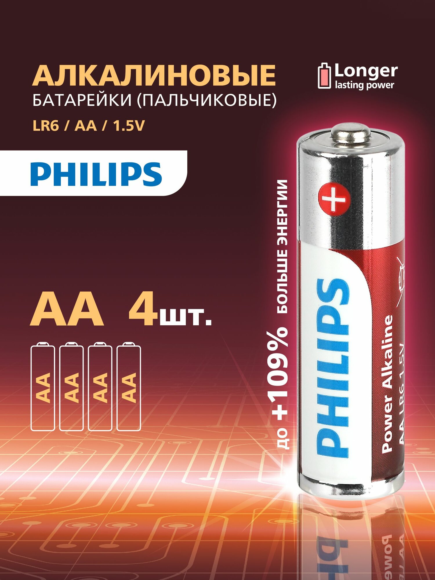 Батарейки АА пальчиковые Philips алкалиновые 4 шт. LR6-4BL Power LR6 щелочные