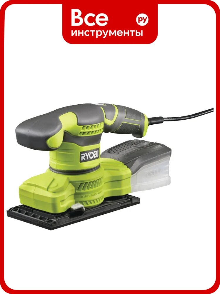 Виброшлифмашина Ryobi RSS200-G, универсальная, щеточный двигатель, пластиковая подошва, зажим‑липучка для шлифлиста