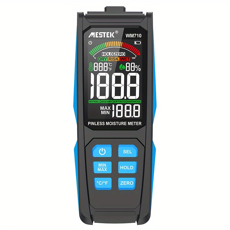 Влагомер для древесины WM710 цифровой бесконтактный с двойным дисплеем, большой экран, измерение температуры и влажности воздуха