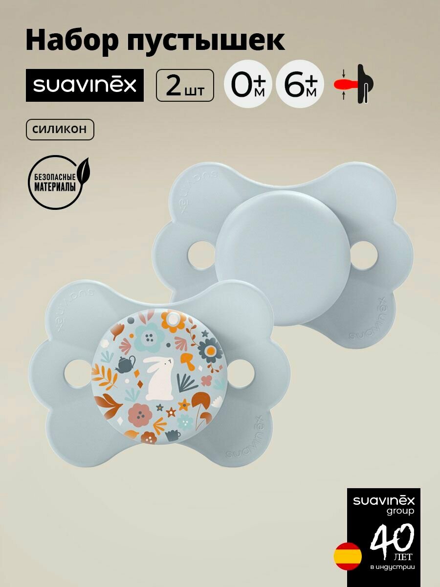Suavinex Набор их двух пустышек 0-6 месяцев и 6-18 месяцев симметричная соска SX Pro, светло-синяя