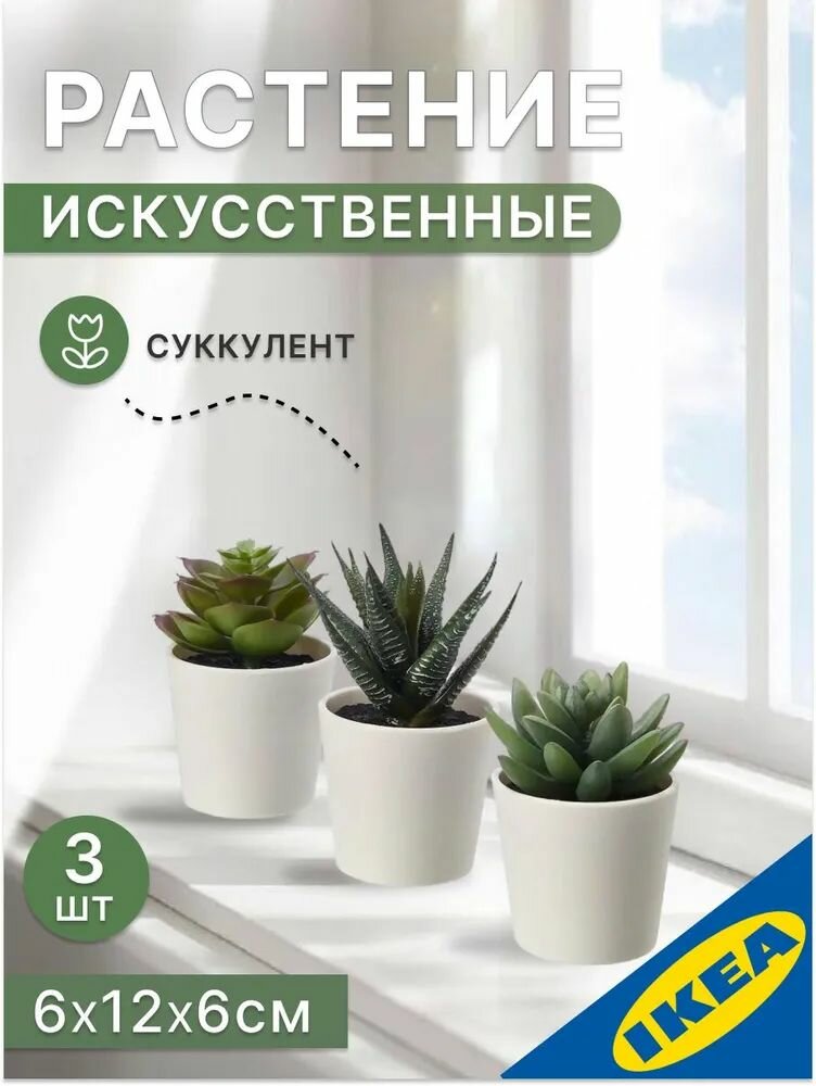 Искусственное растение в горшке Суккулент 3 шт 6х12х6 см для дома/улицы белый/зеленый NKEA FEJKA фейка