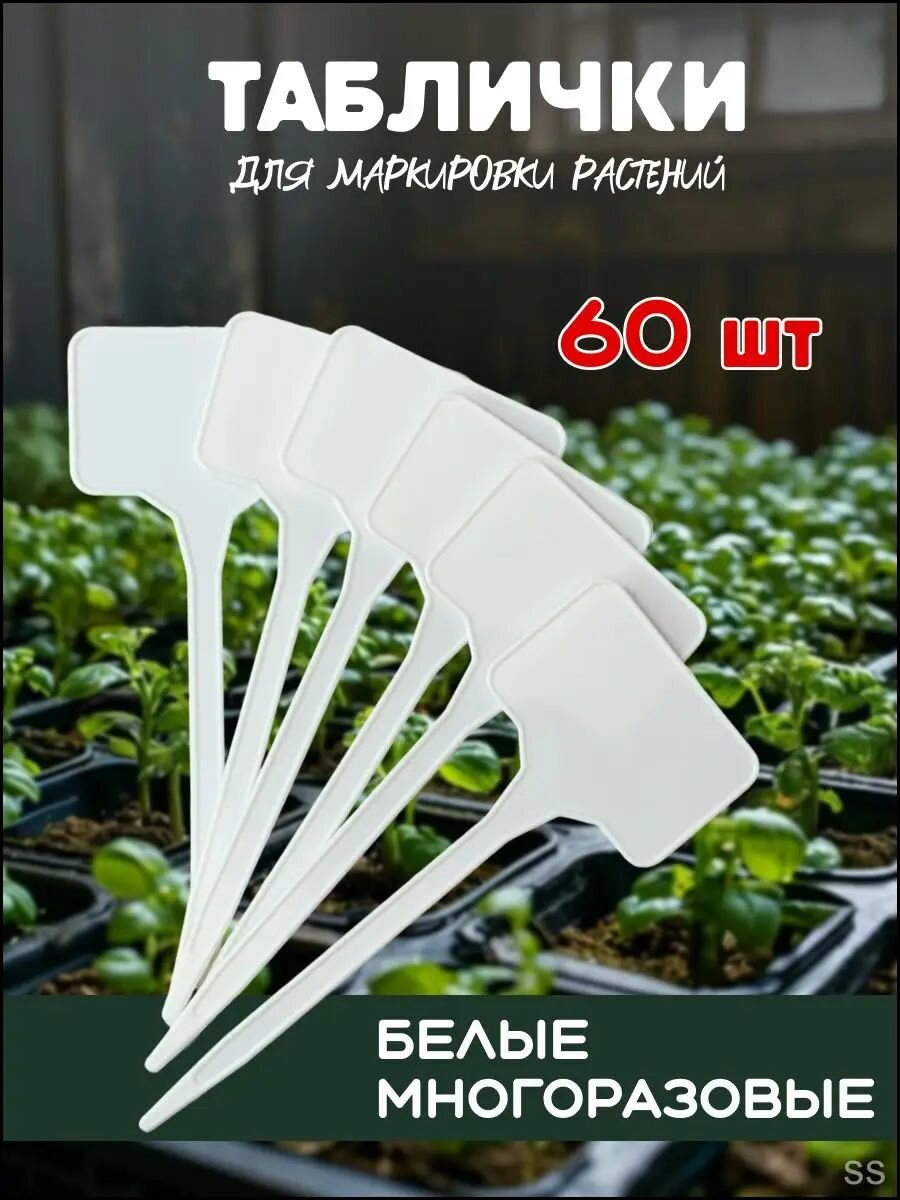 Таблички для рассады 60 шт, пластиковые белые, многоразовые, для маркировки растений, садовые бирки 15 см