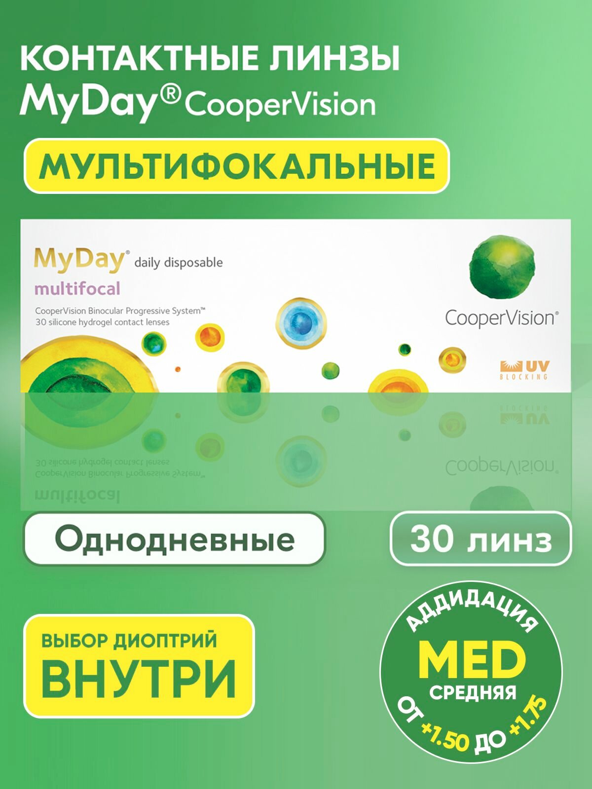 Линзы контактные мягкие корригирующие однодневные MyDay daily disposable multifocal, -4.00 I аддидация MEDIUM I 30 линз