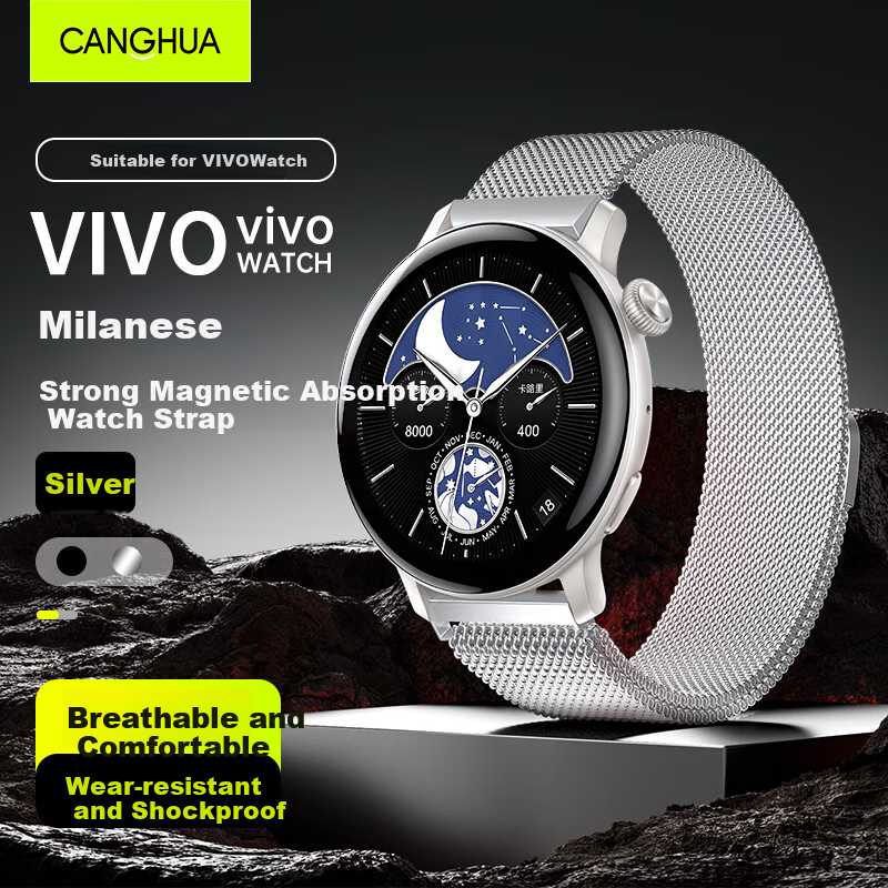 CangHua Магнитный металлический ремешок Milanese для умных часов Vivo Серебристый цвет 22 мм универсальное крепление