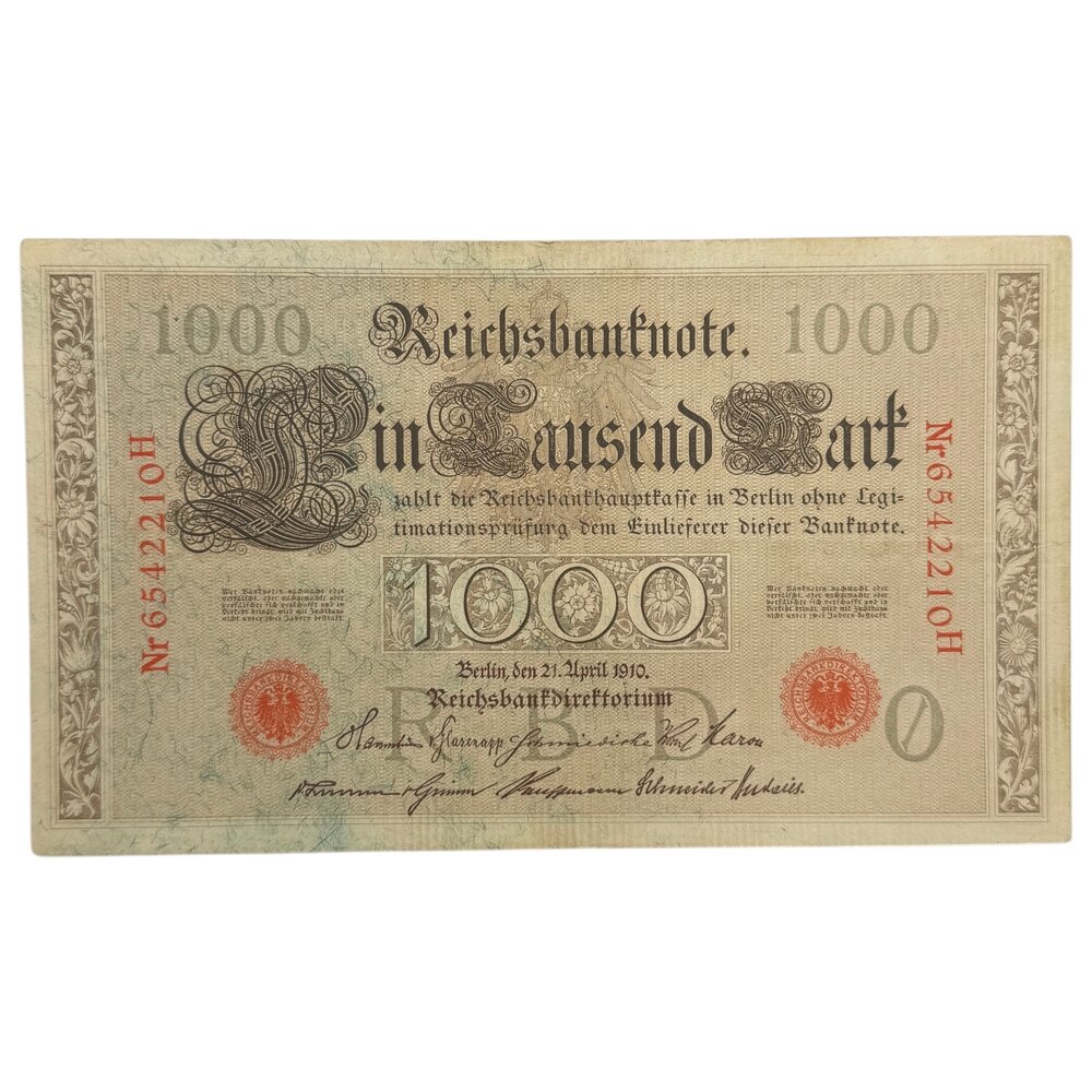 Германская империя 1000 марок 1910 г. (Красные печати) (Литера O) (Серия H) (7-значный номер)