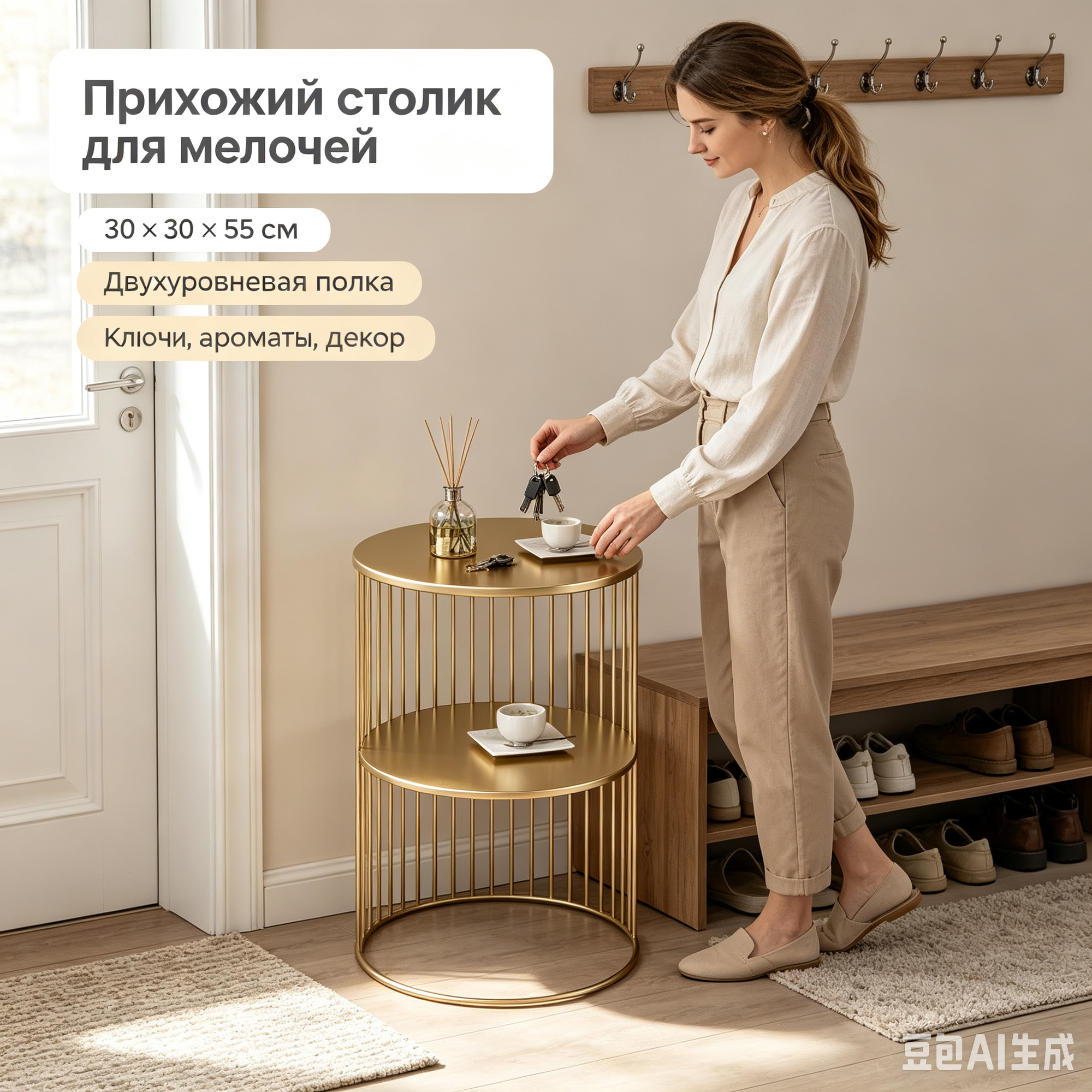 Простой и современный приставной столик, металлический,30*30*55 см, золотистый