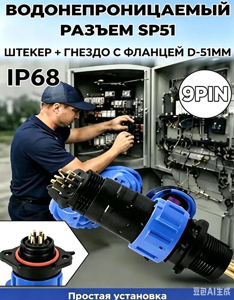 Водонепроницаемый разъем SP21 (9pin) авиационный штекер + врезное гнездо с фланцевым креплением D-21мм, 25А,12-220В, IP68.