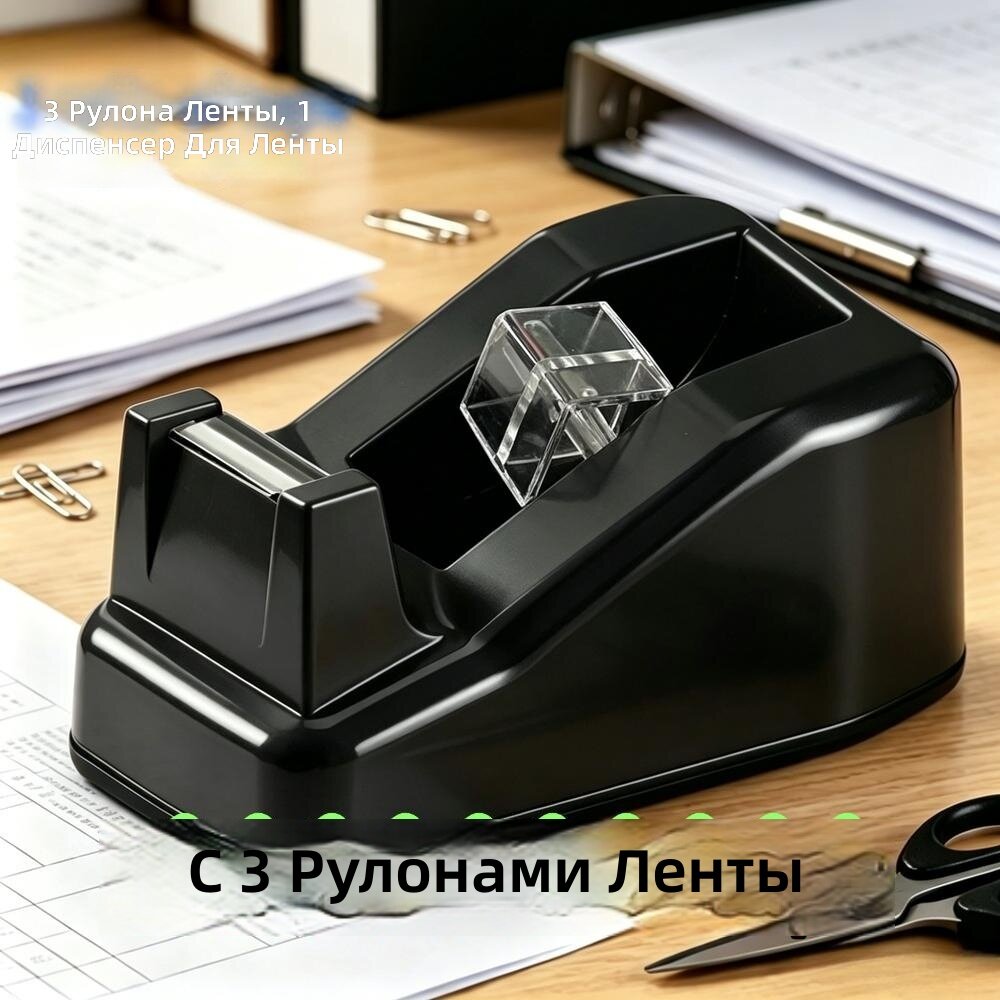 Набор из 4 черных настольных диспенсеров для скотча с лезвиями, прочные нескользящие, в комплекте 3 рулона белой клейкой ленты шириной 0.8 мм