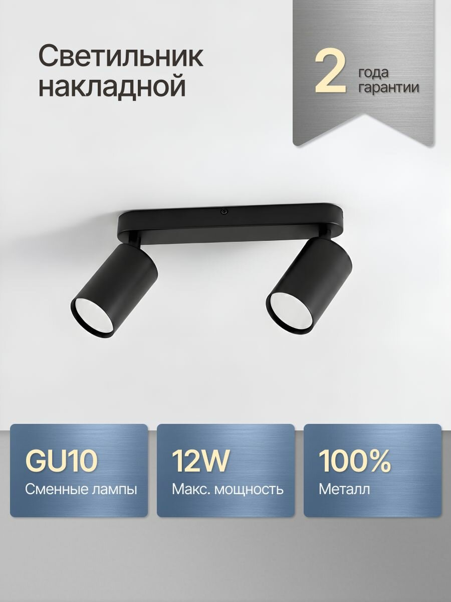Светильник потолочный настенный GU10 / Спот поворотный на 2 лампы / Черный