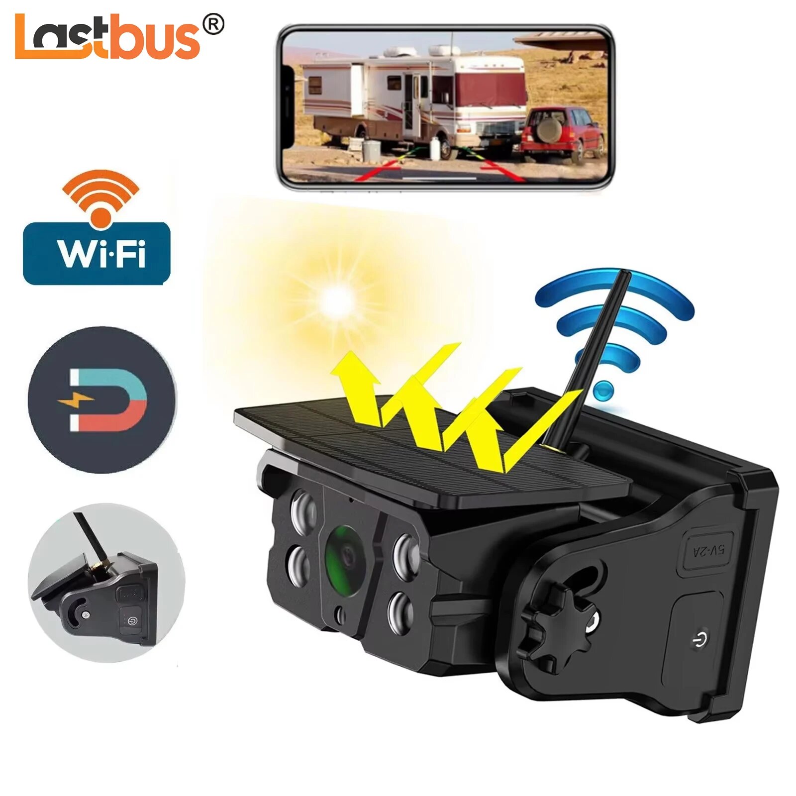 Lastbus HD Wi-Fi Беспроводная камера заднего вида Магнитная солнечная лента Емкость аккумулятора 9600 мА Резервная камера ночного видения для каравана RV