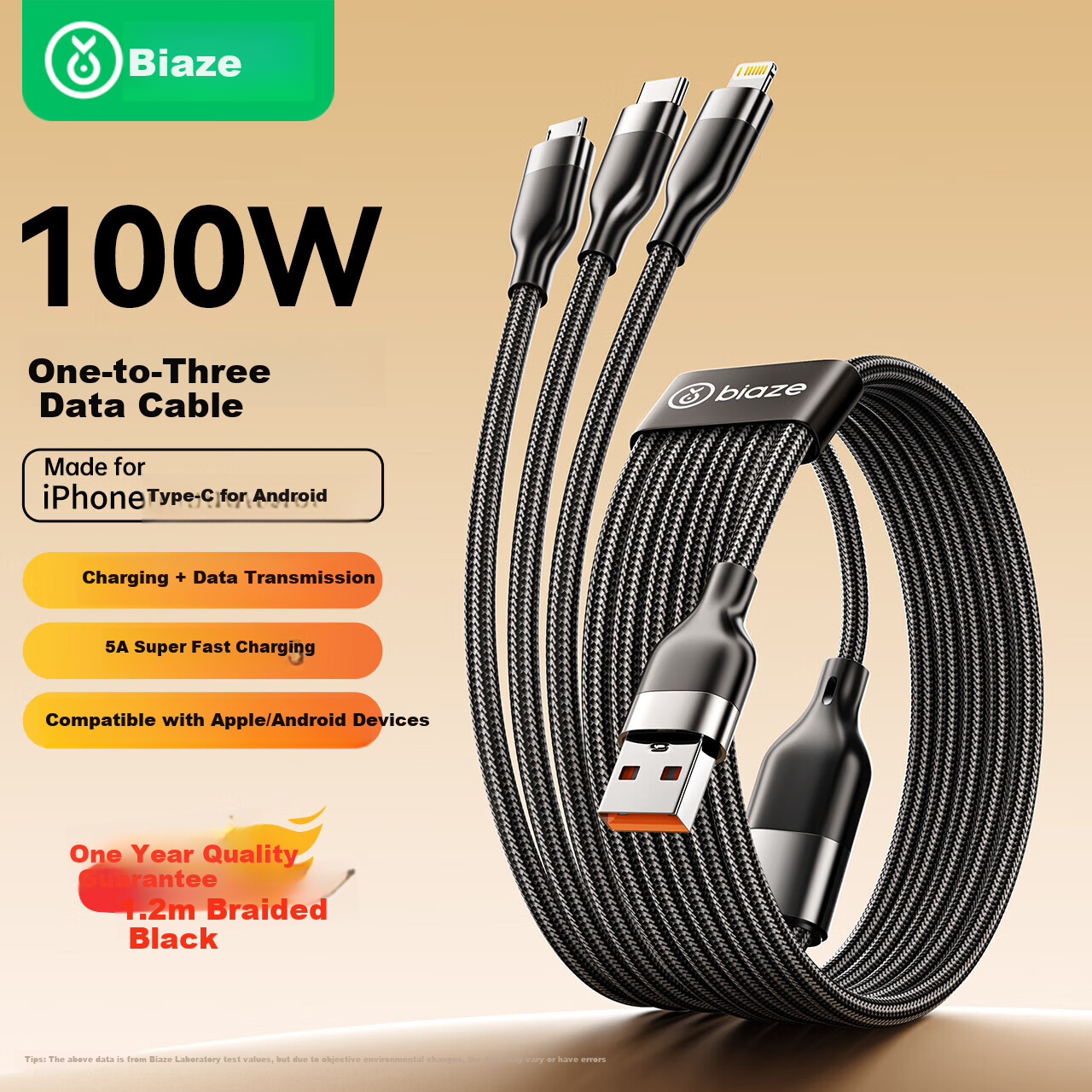 BIAZE 100W Тройной Зарядный Кабель для iPhone Android Xiaomi Huawei и Автомобиля Версия：Выбор качества | Сертификат ISO