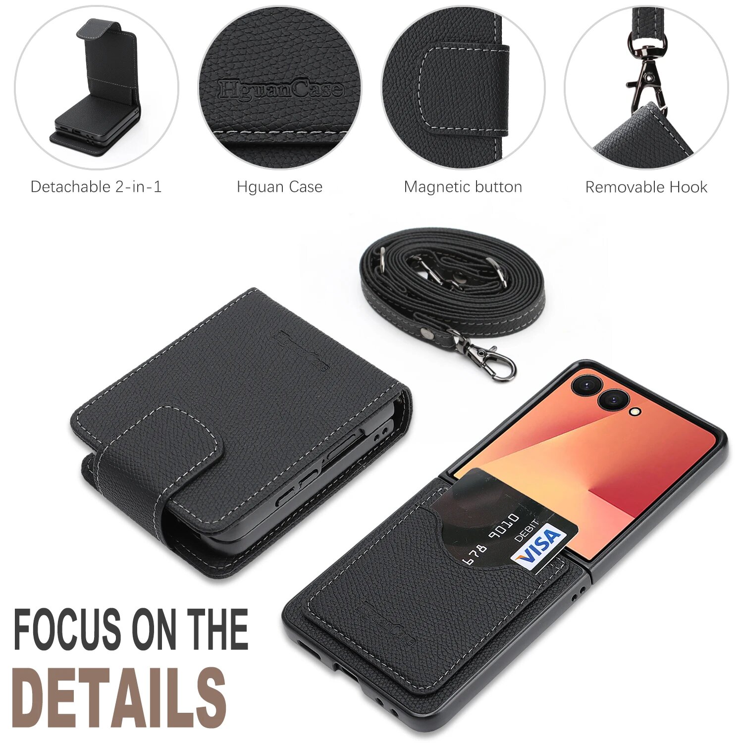 Кожаный чехол-кошелек 2-в-1 через плечо для Samsung Galaxy Z Flip 7 FE Galaxy Z Flip7, Черный, black