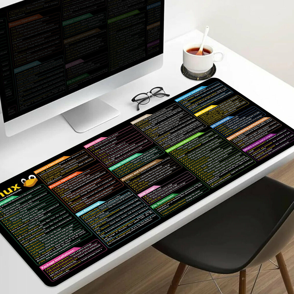 Расширенный игровой коврик для мыши и клавиатуры с шпаргалкой команд Linux, нескользящая основа, высокая четкость печати, размер 40x90 см