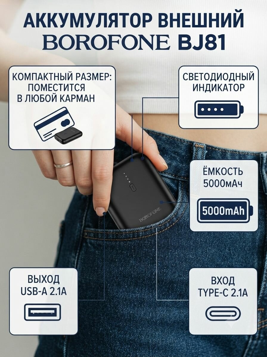 Компактный внешний аккумулятор Borofone BJ81 5000 mAh с USB, Пауэрбанк, power bank, портативная зарядка