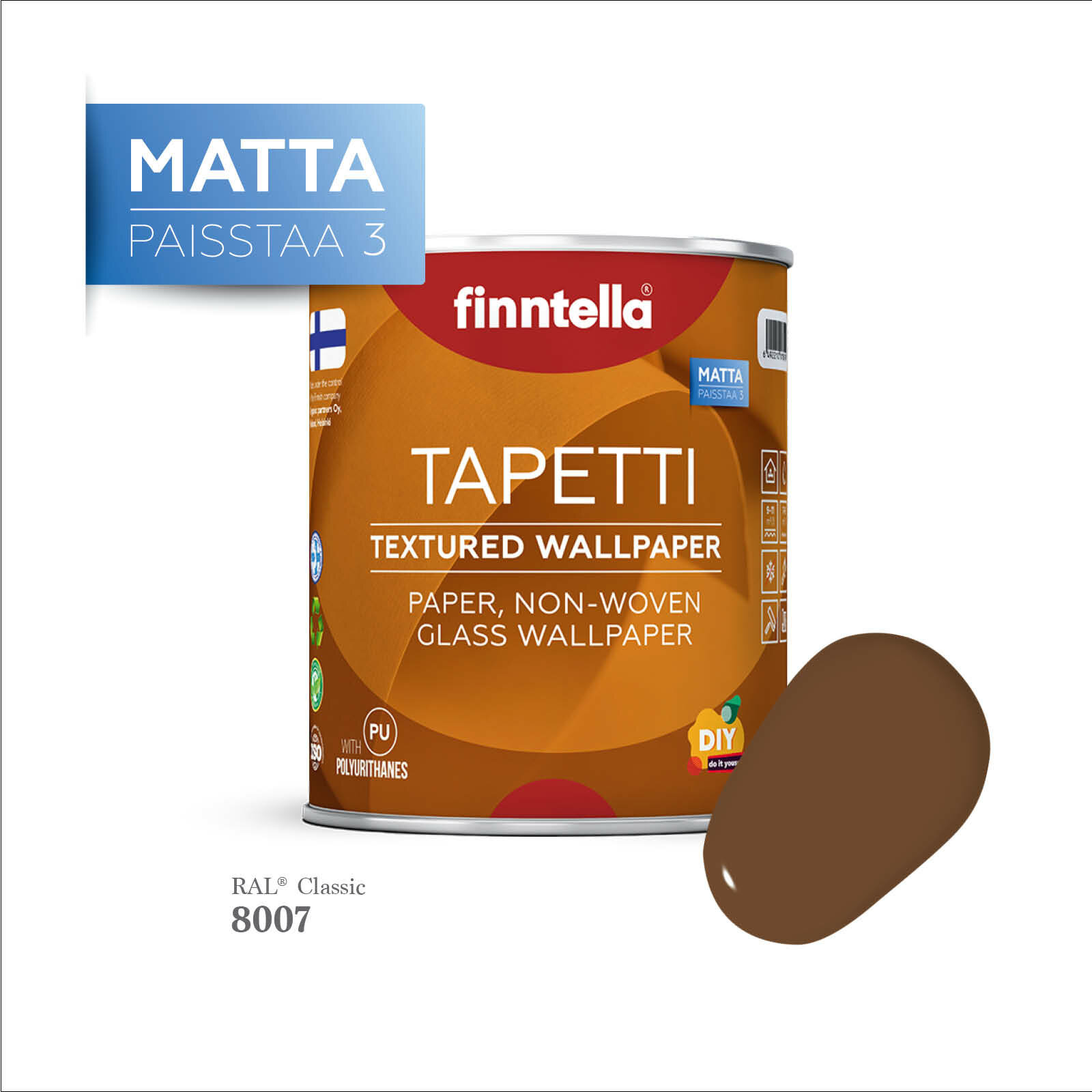 Матовая краска для обоев под окраску TAPETTI Matta FINNTELLA, Цвет RAL 8007 Палево-коричневый (Fawn brown), 0,9л