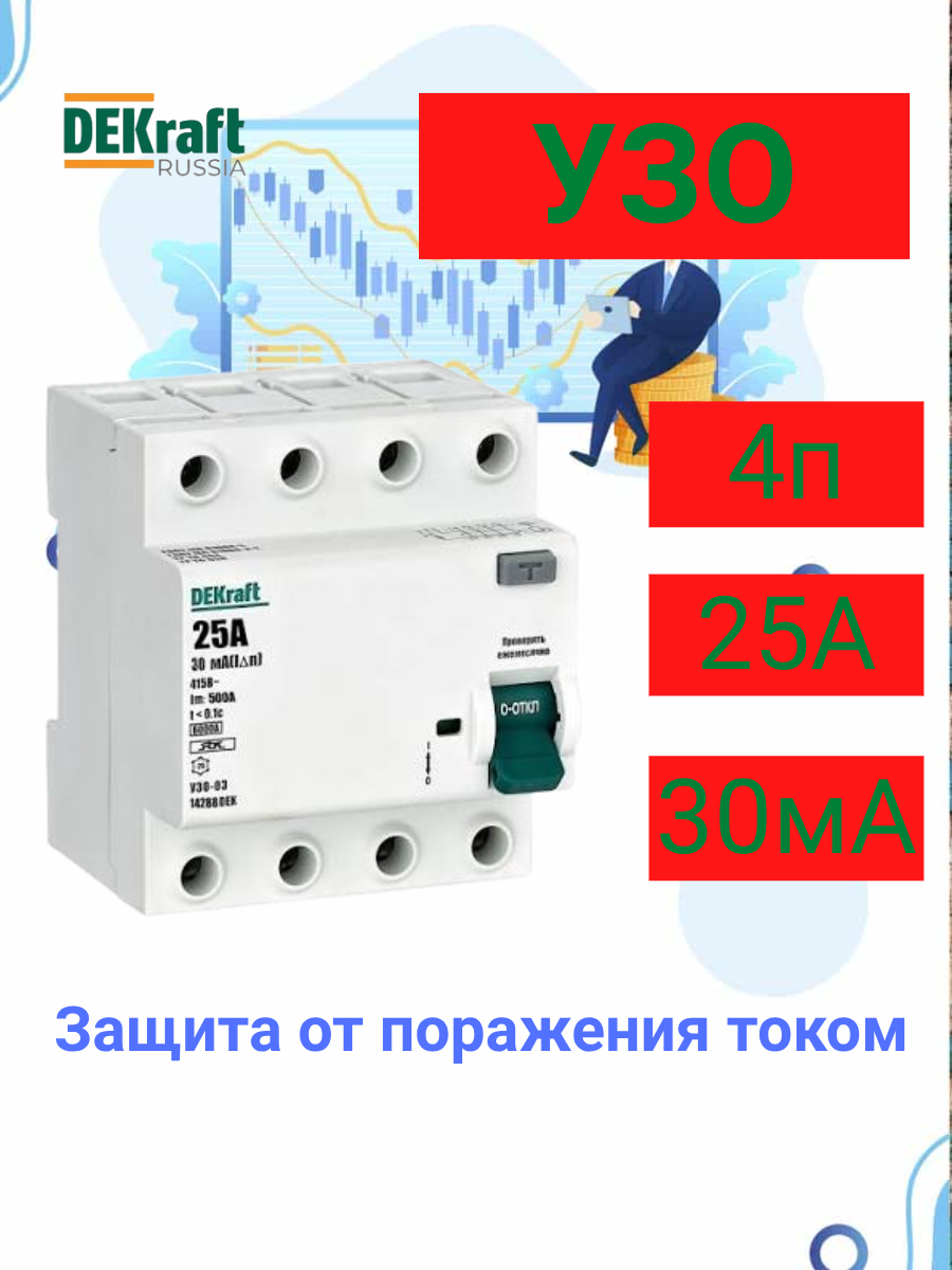Выключатель дифференциального тока (УЗО) 4п 25А 30мА тип AC 6кА ДЕКрафт