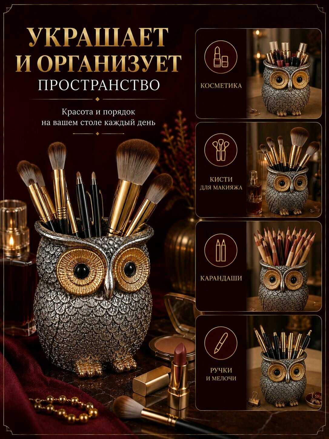 Сова статуэтка для интерьера серебро — фото 1