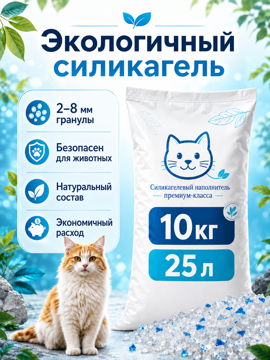 Силикагель наполнитель для кошачьего туалета, гипоаллергенный, 10кг, 25л, белый индикаторный