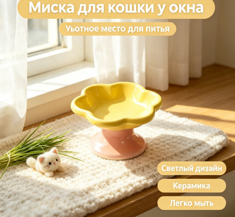 Керамическая миска для кошек на высокой ножке в форме цветка, защищает шею, предотвращает появление темного