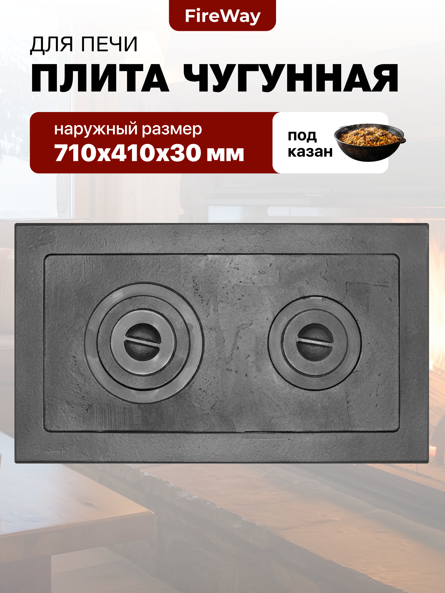 Плита для печи чугунная с двумя конфорками FireWay Т202, 710х410