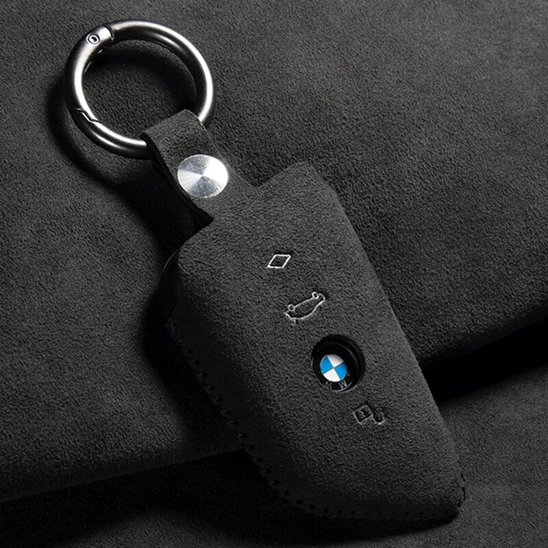 Чехол для ключа BMW в стиле лезвия с однотонным крючком и кольцом, угольно-серый алькантара, ручная вышивка, для