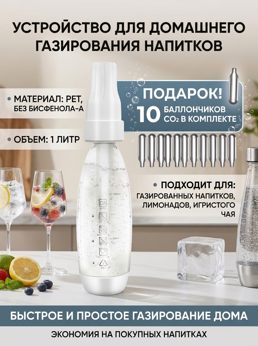 Автомат для приготовления газированной воды, 10 паровых шариков, 1 л
