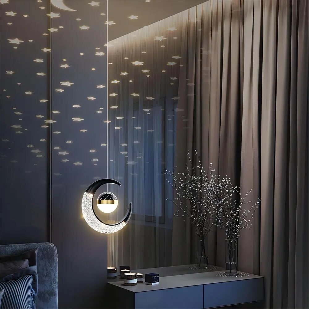 Люстра LED, 10 Вт, "Звезды и Луна", 15 кв. м, 3000К, 220В, черный/прозрачный/золотой — фото 1