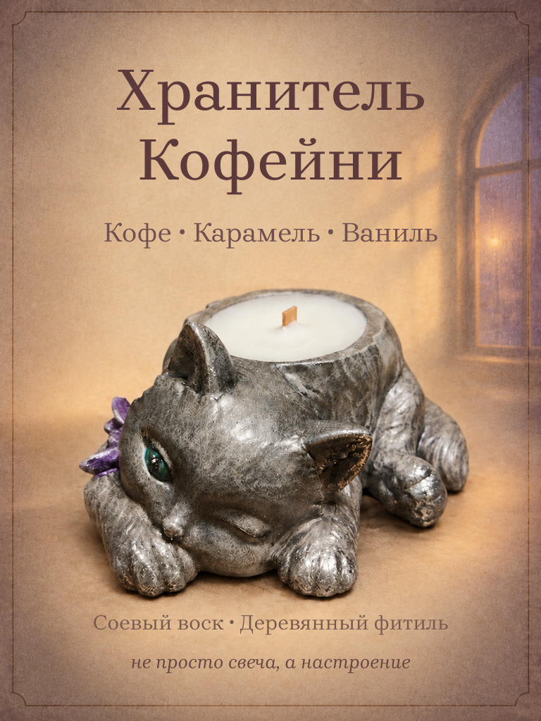 Свеча ароматическая "Хранитель Кофейни", соевый воск 50гр, деревянный фитиль