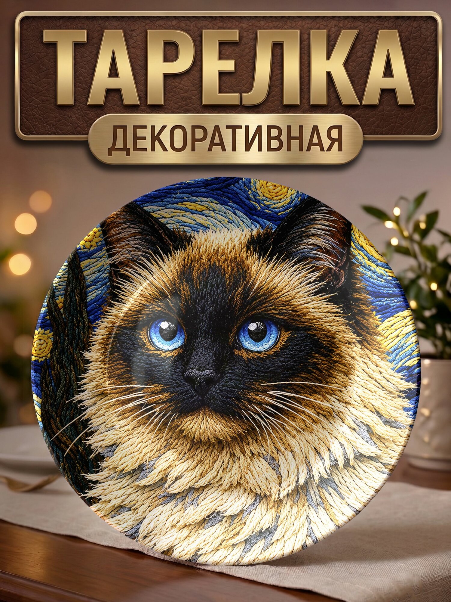 Тарелка декоративная Кошки Ван Гог Звездрая ночь Бирманская кошка