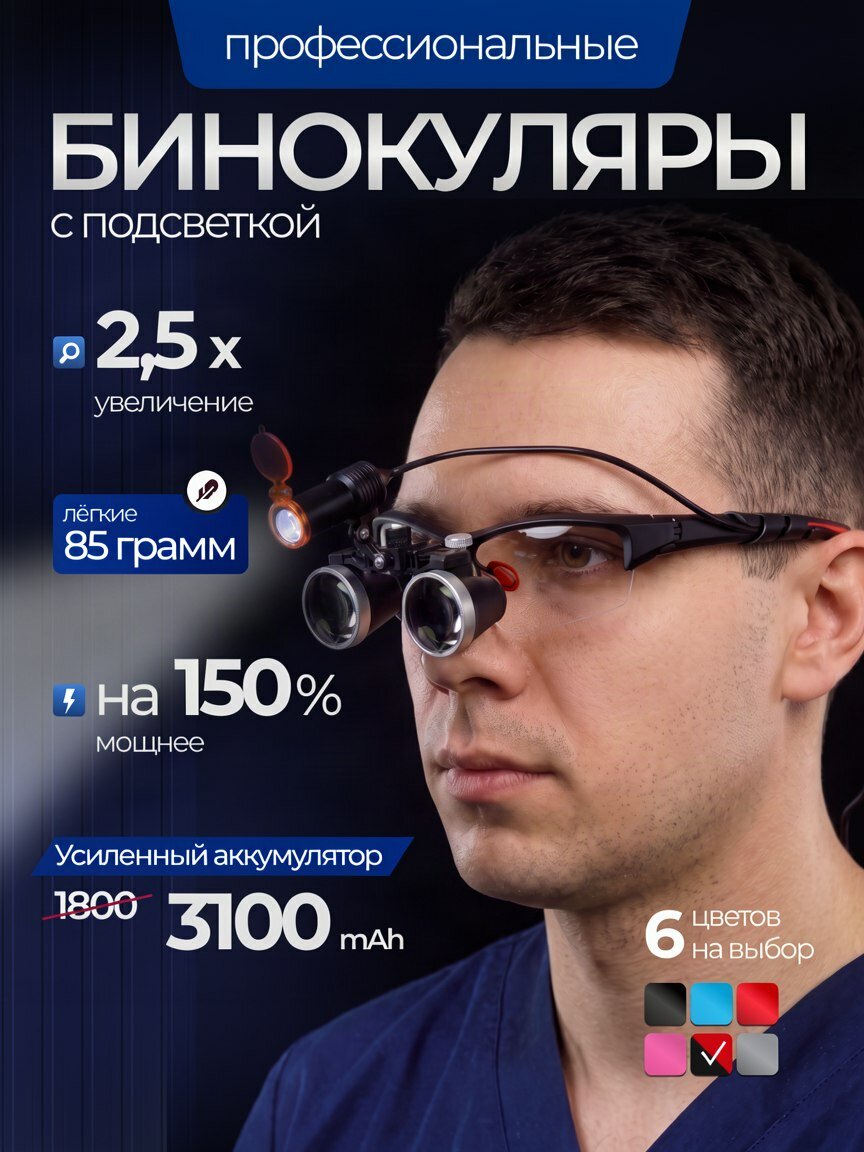 Лупа очки бинокулярные с подсветкой для стоматолога 2,5x