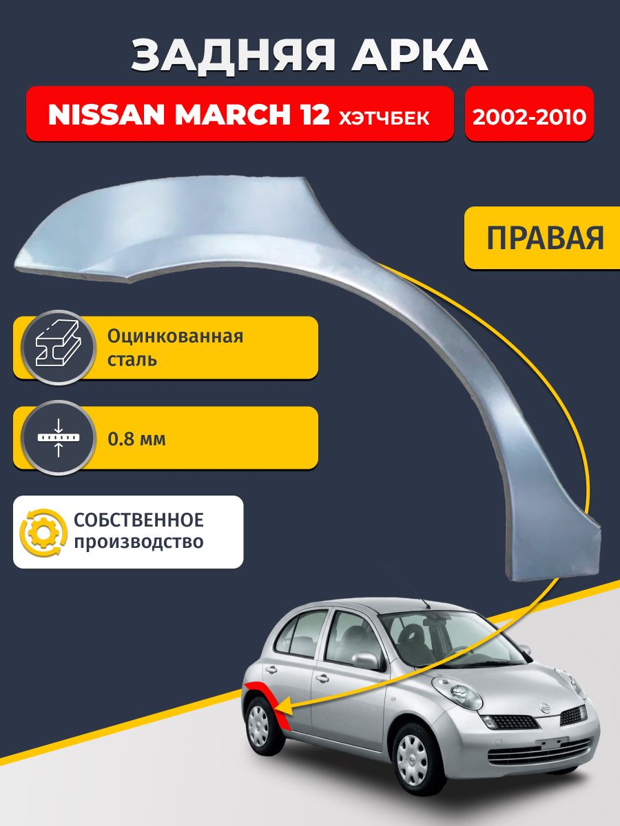 Правая задняя ремонтная арка для автомобиля Nissan March K12 2002-2010 хэтчбек 5 дв (Марч 3). Оцинкованная сталь 0,8мм.