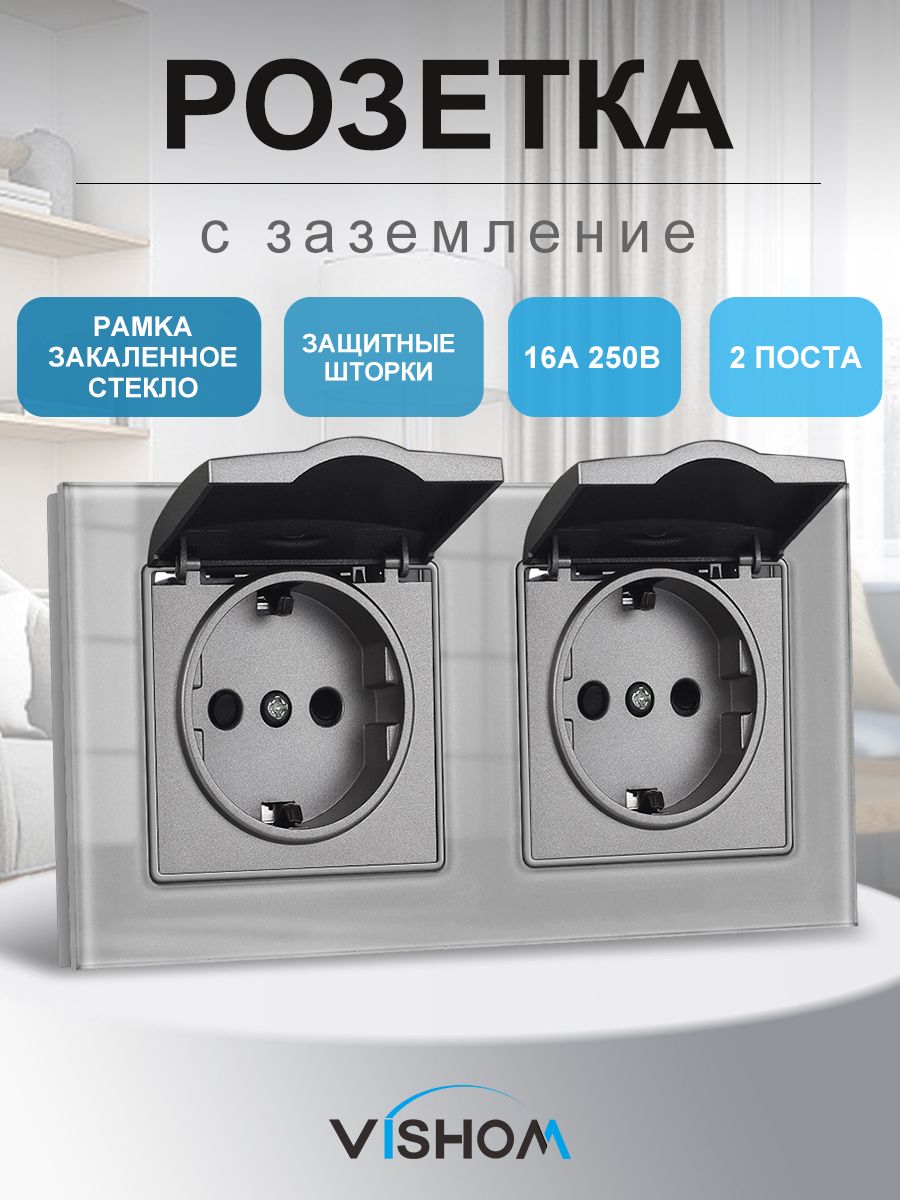 Розетка двойная с крышкой, 16А 250В, рамка 153х82 мм стекло, Серый
