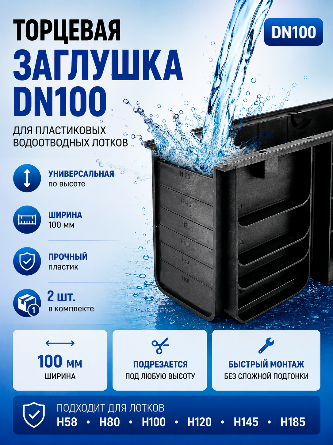 Заглушка торцевая пластиковая для лотка Aquadrenag AQD DN100, 2 шт