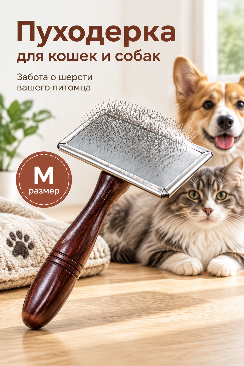 Пуходерка для кошек и собак с деревянной ручкой и зубьями 17 мм, размер M
