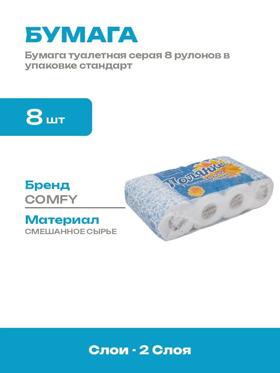 Туалетная бумага 2 слоя 8 рулонов для ванной и туалета