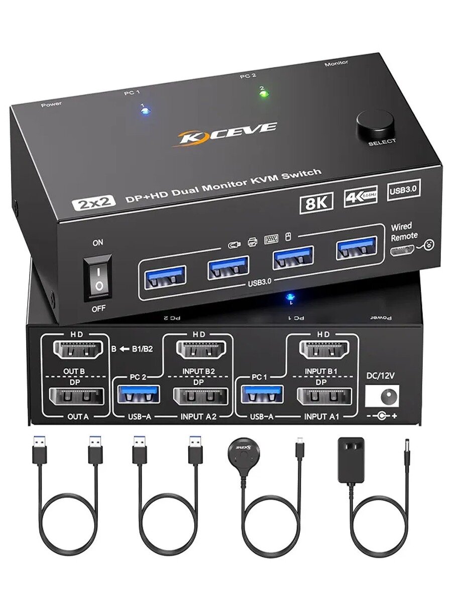 KVM-переключатель USB3.0 2 монитора 2 компьютера Displayport HDMI 4K@ 144 Гц