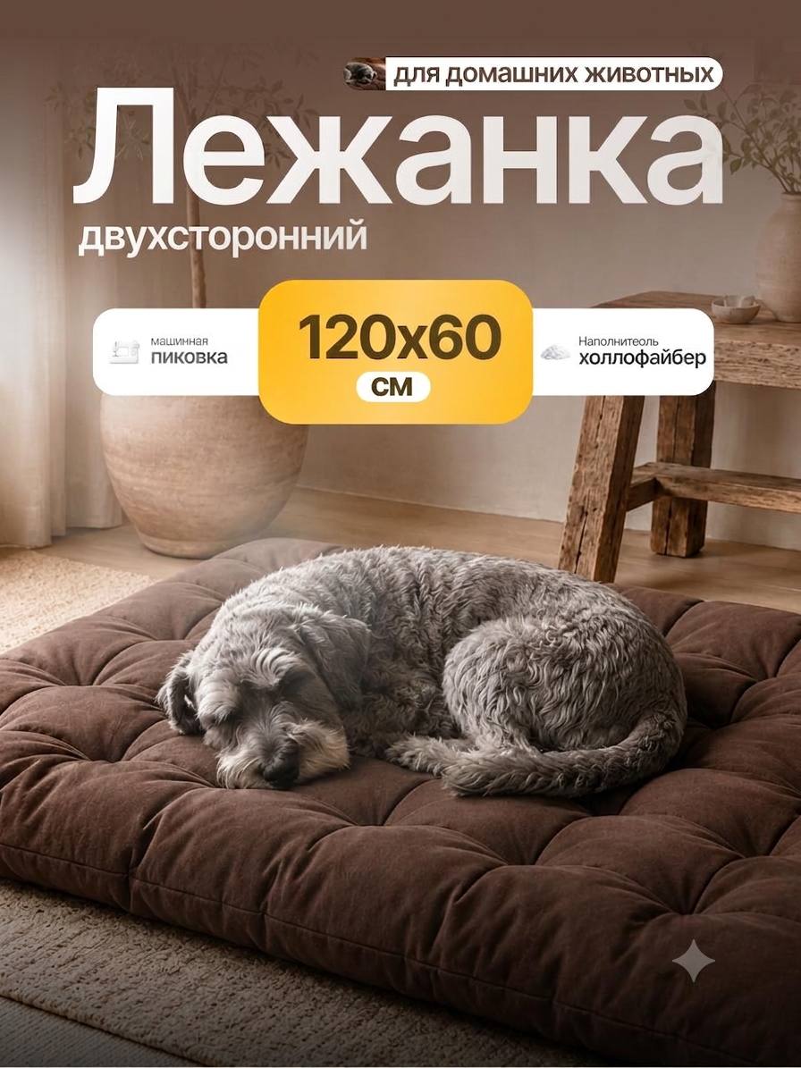 Лежанка для собак IVNETEX крупных и средних пород 120х60 см машинная пиковка и наполнитель холлофайбер