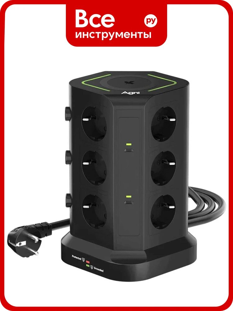 Сетевой фильтр AGNI башня 12 розеток, 2 метра, 3 USB + 2 Type-C 65 Вт, беспроводная зарядка, чёрный TP-VG6U12E-C-W-2m-black