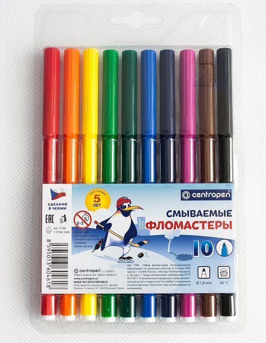 Фломастеры Centropen пингвины смываемые 10 цветов шестигранный корпус, стандартные, блистер