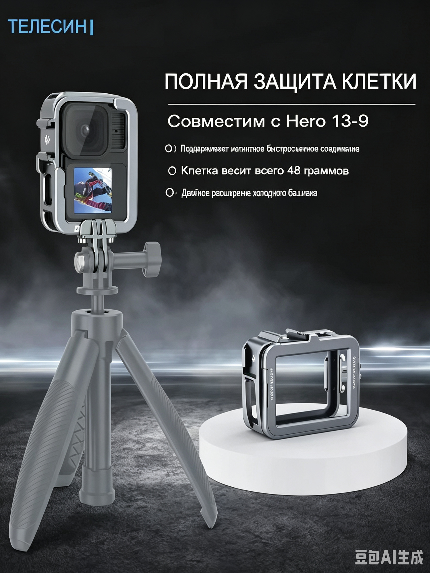 Защитная металлическая клетка для GoPro Hero 9‑13, алюминий, магнитное быстрое соединение, двойной холодный башмак