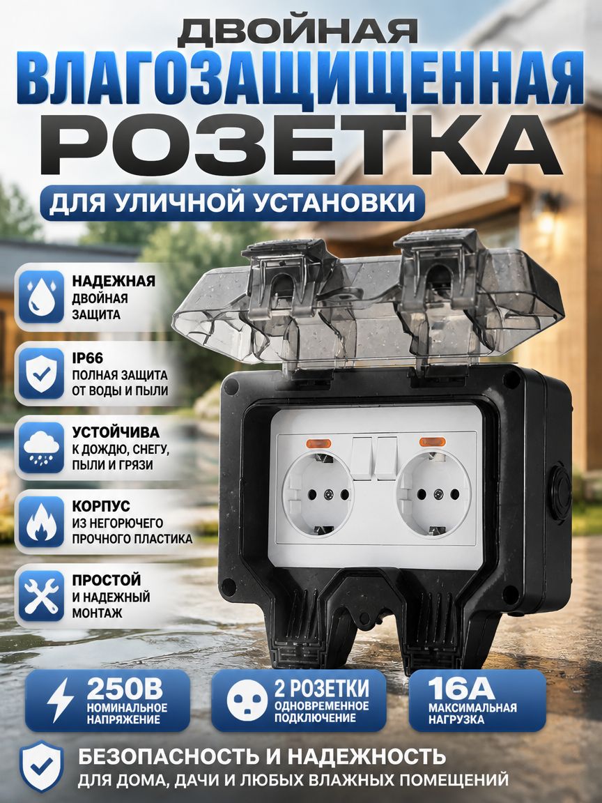 Двойная влагозащищенная розетка IP66, наружная уличная розетка 16А 250В